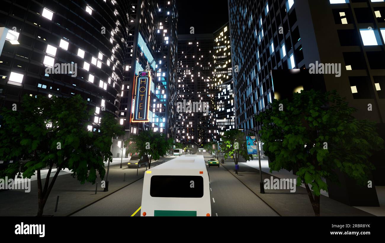 Business district with modern lights flickering late at night ...