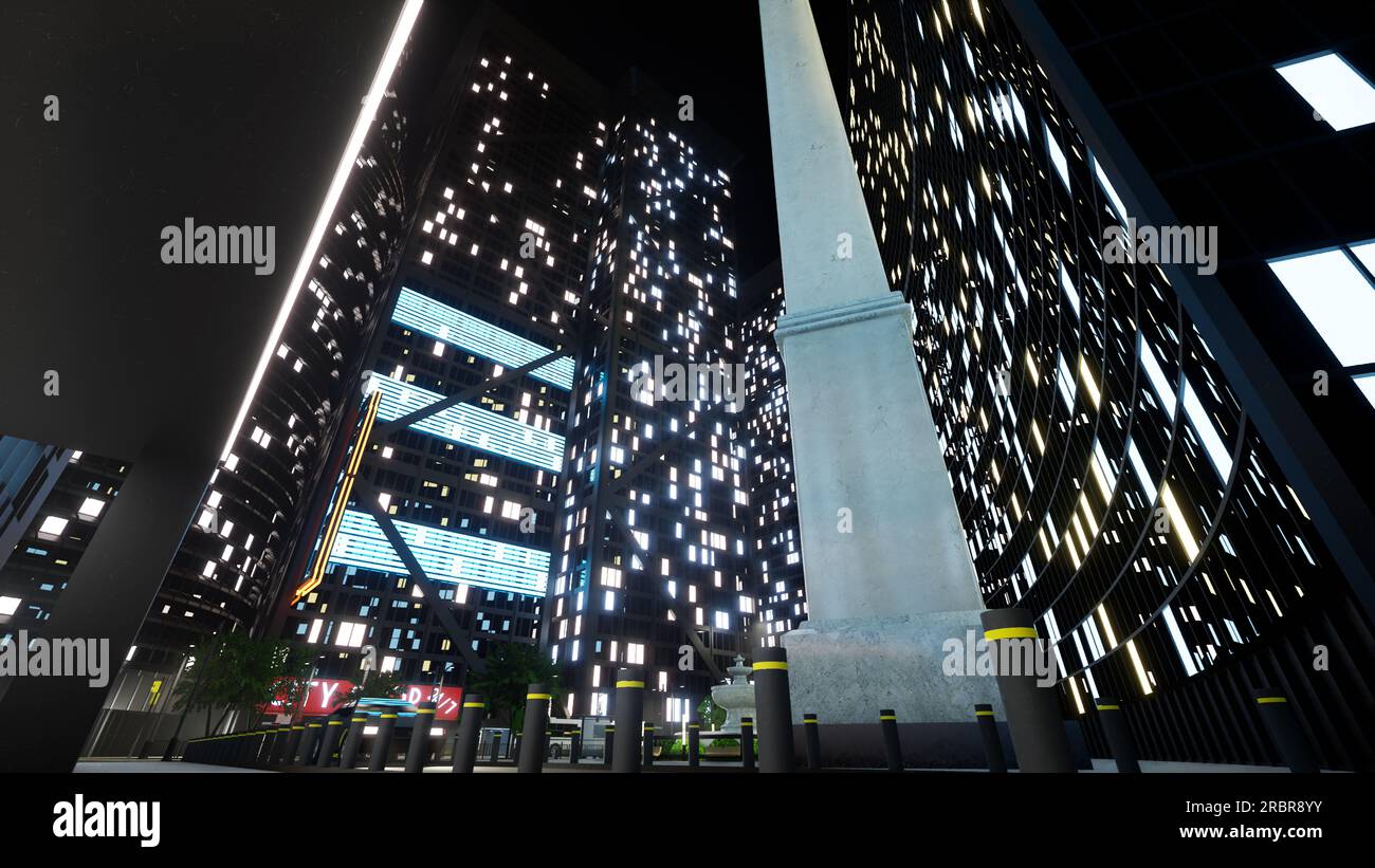 Tall office buildings glowing at night with city lights, modern ...