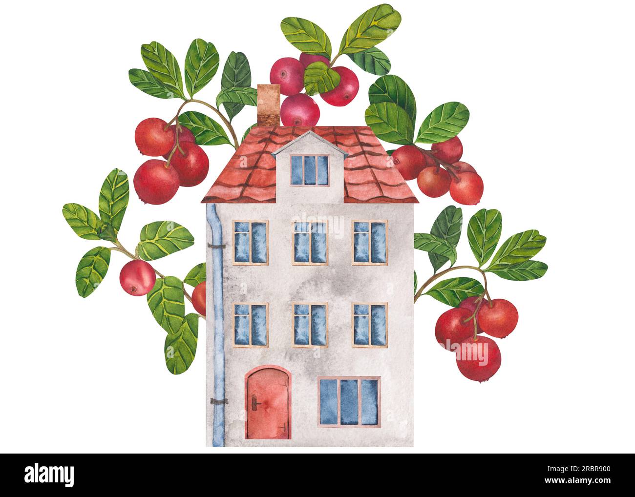Watercolor house with a door and windows, a tiled roof, and red berries ...