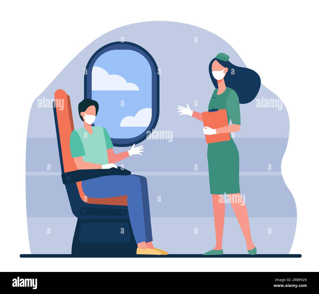 Airplane passenger and stewardess wearing face masks Stock Vector Image ...