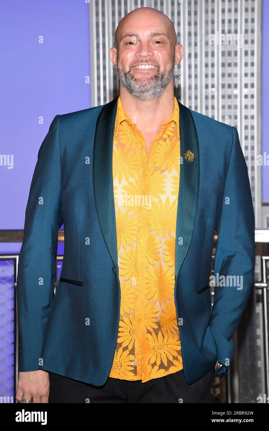 New York, USA. 10th July, 2023. Gregory Treco visits the Empire State Building to celebrate the ...