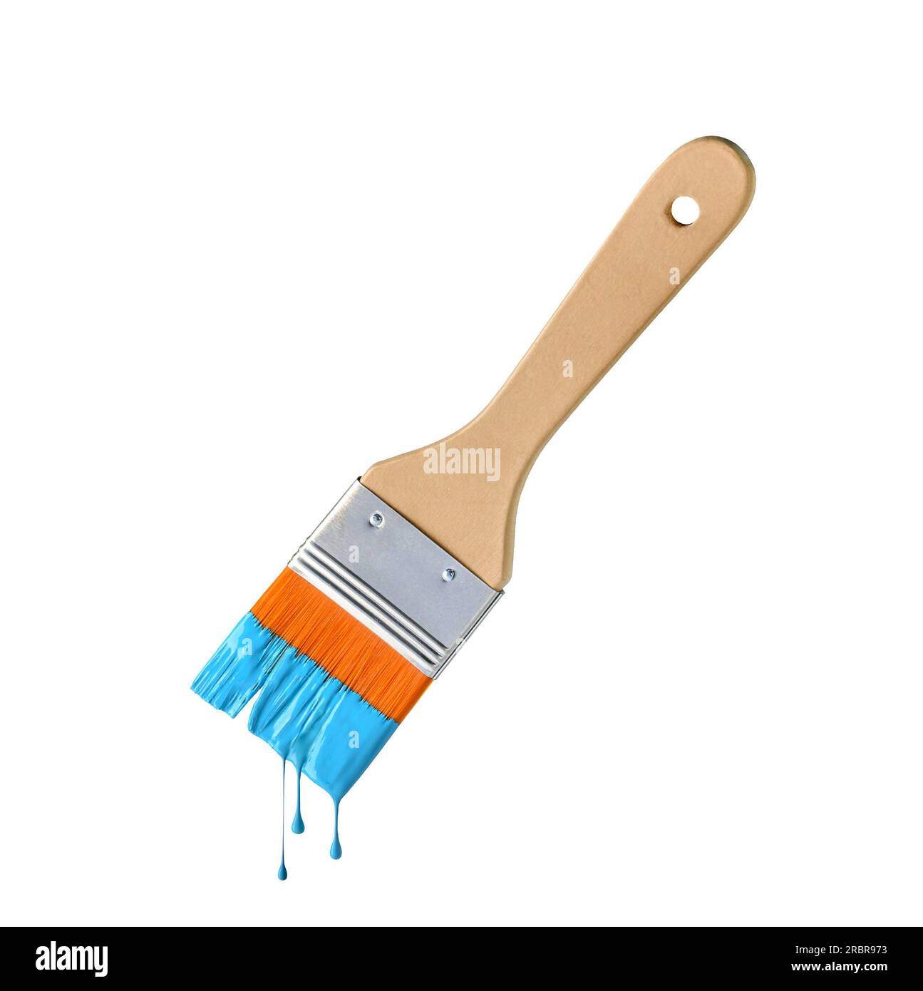 Paintbrush with dripping turquoise blue paint isolated over white ...