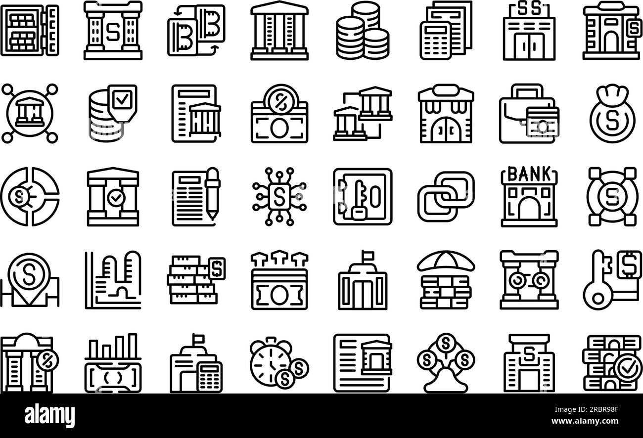 Central bank icons set outline vector. Business house. Building bank ...