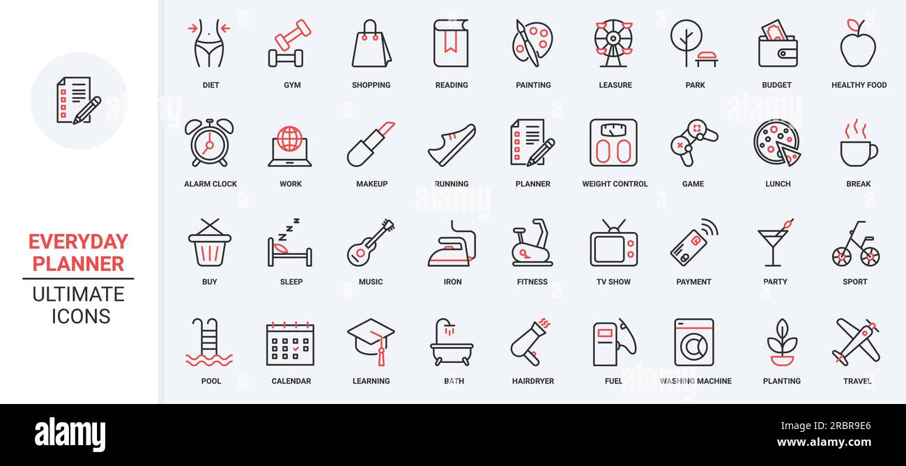 Planner trendy red black thin line icons set vector illustration. Calendar mobile app symbols of ...