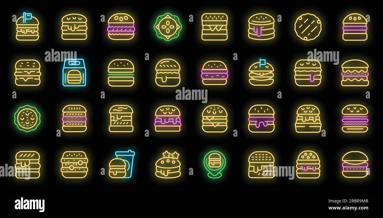 Hamburger icons set outline vector. Food burger. Triple bread neon ...