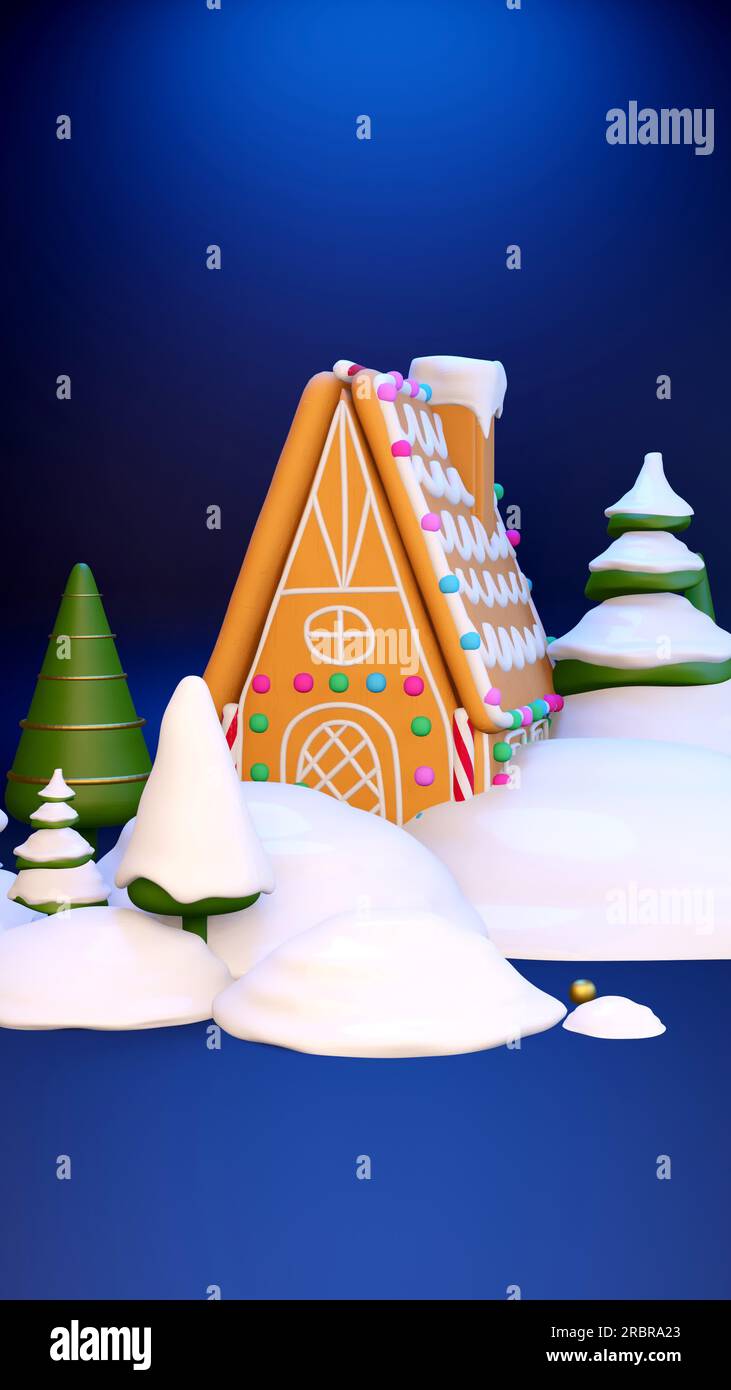 New 2022 Year is coming. Gingerbread house, christmas tree in snow on ...