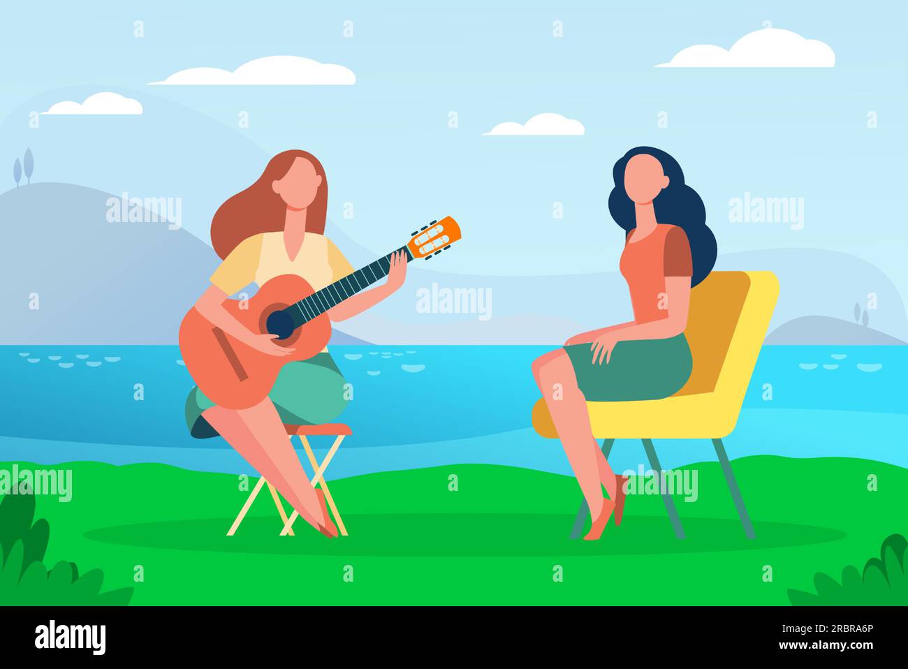 Female friends relaxing by lake Stock Vector Image & Art - Alamy