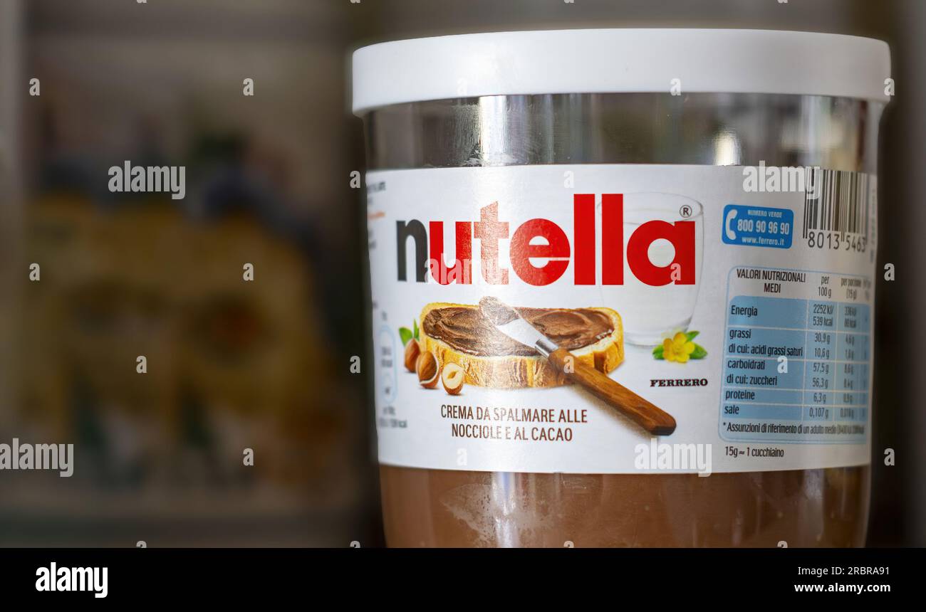 Rome, IT, July 2 2023: Close-up of a jar of Nutella on a shelf. Nutella ...