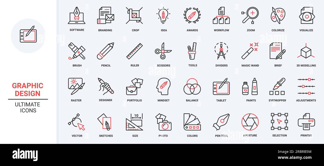 Graphic design red black thin line icons set vector illustration. Tools for creative projects of ...