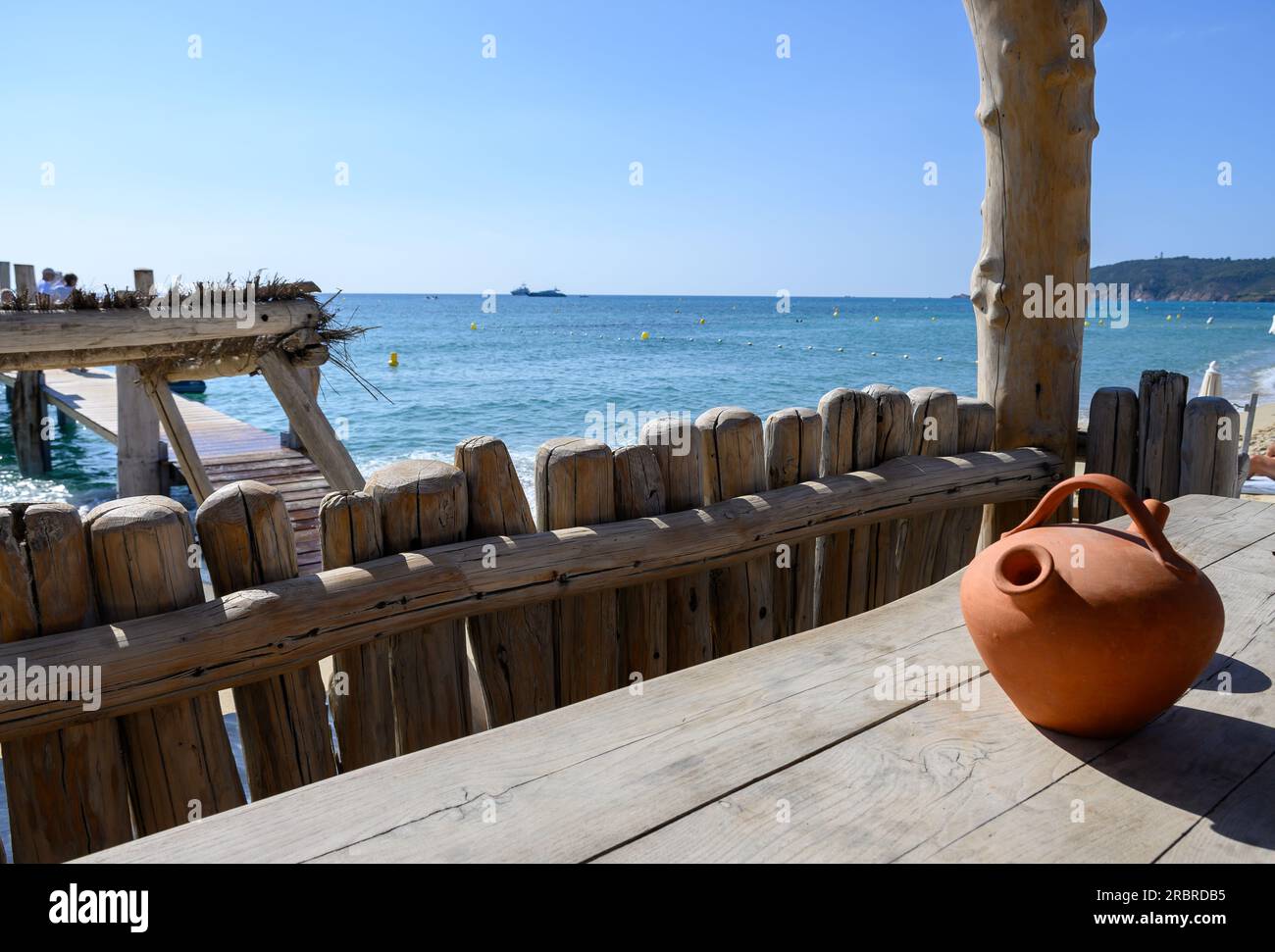 Beach bar on legendary Pampelonne beach near Saint-Tropez with white ...