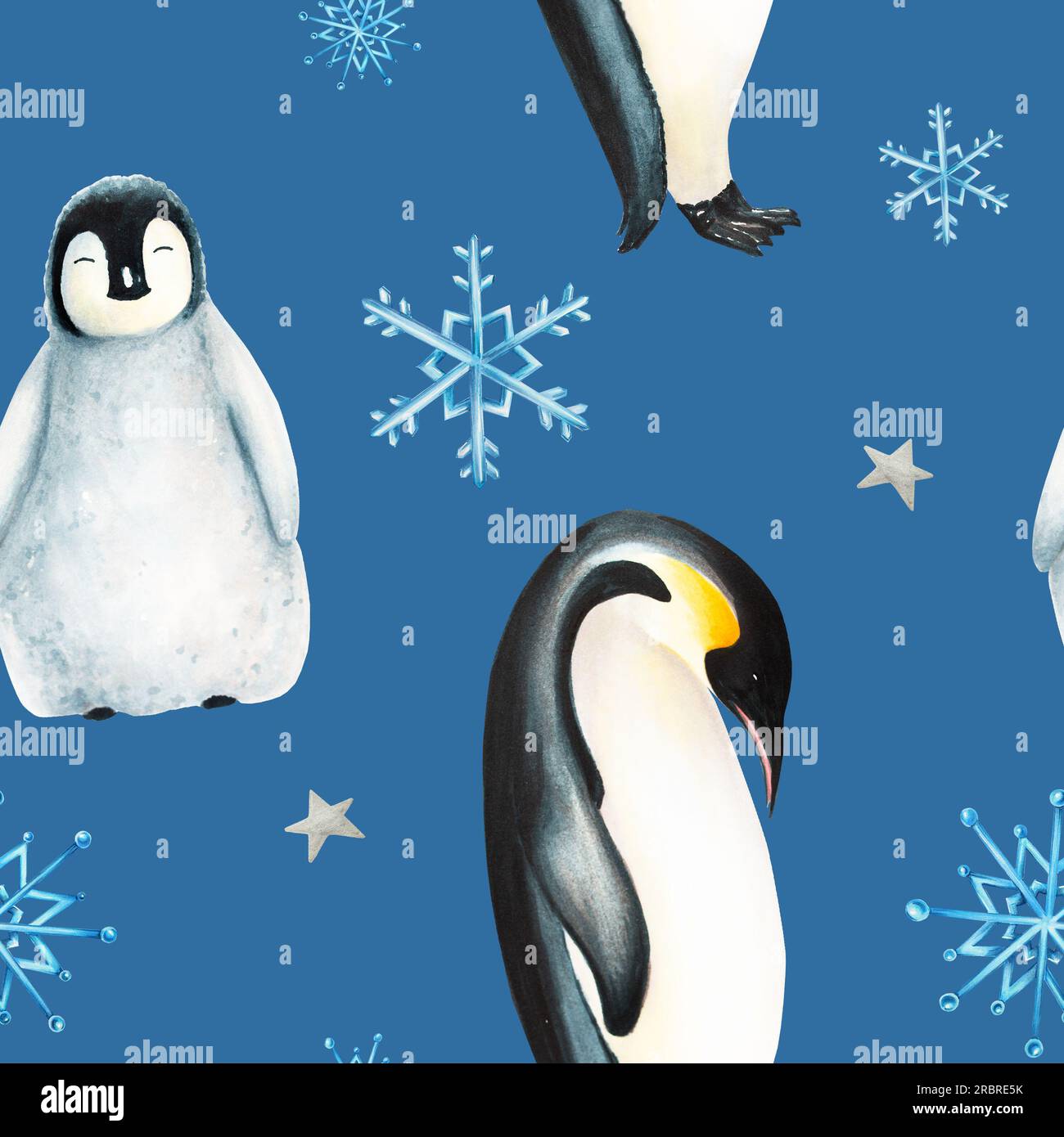 Watercolor winter seamless pattern illustration of a king penguin under ...