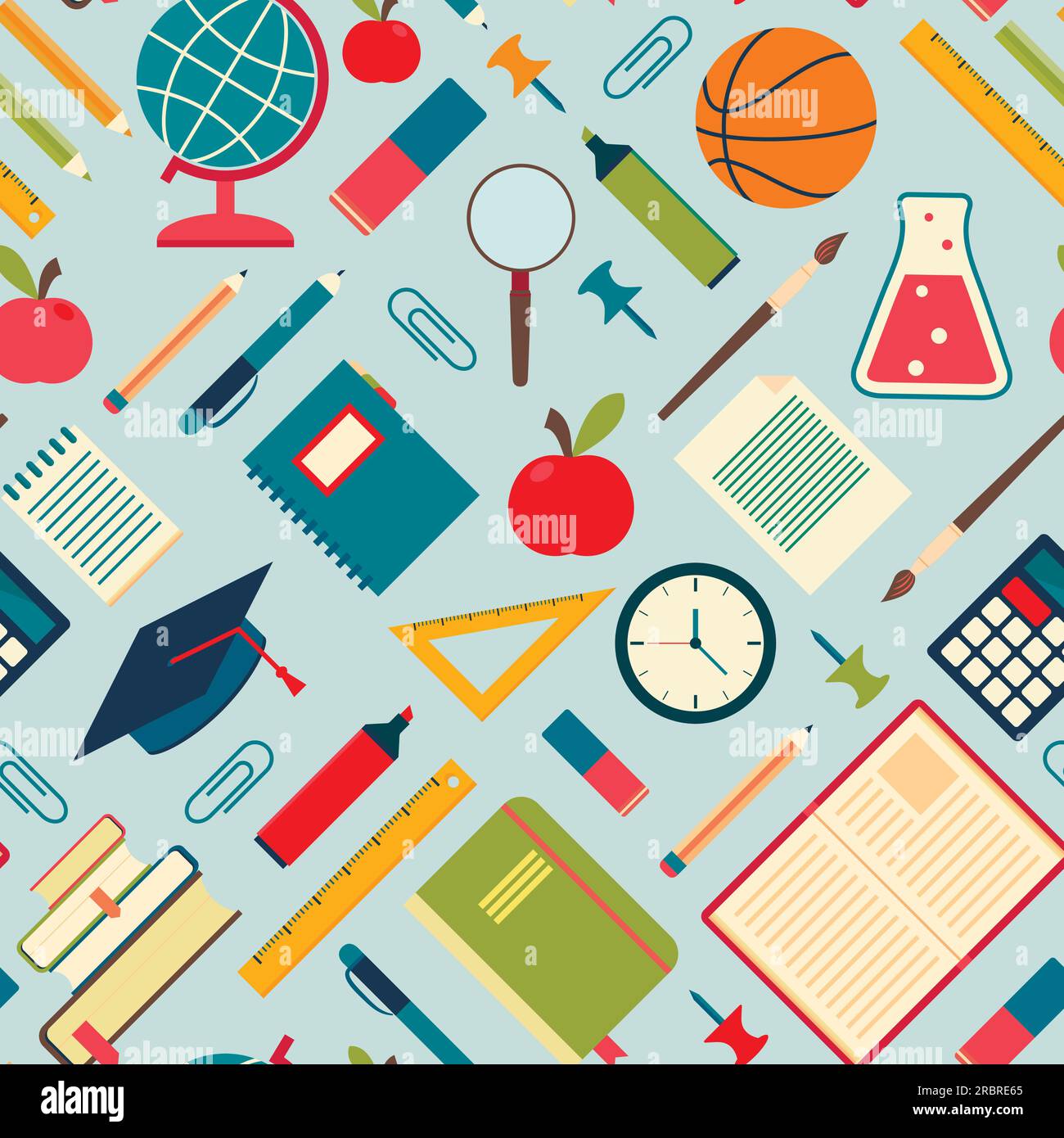 School tools and supplies on a blue background. Seamless pattern ...
