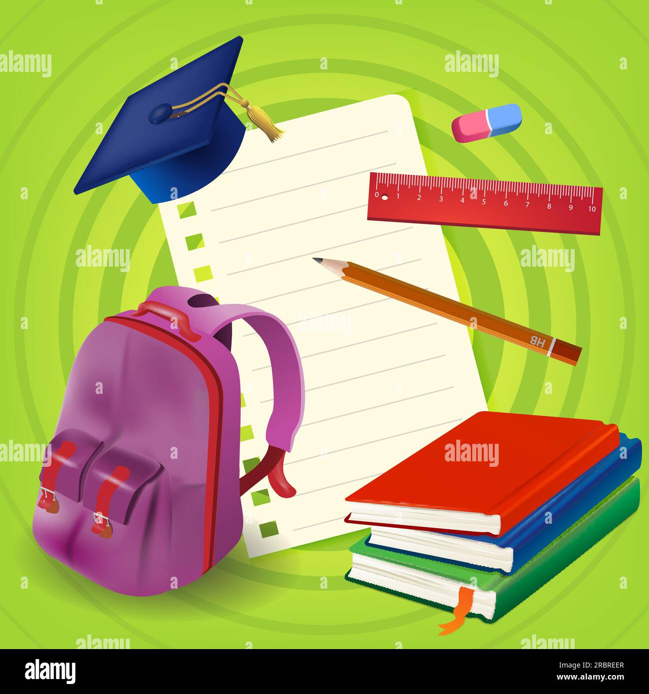 Blank paper sheet with backpack and books on green background Stock ...