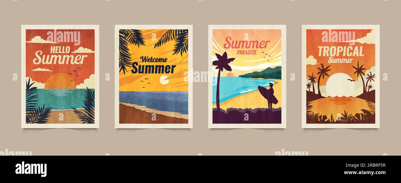 Summer tropical vector cards. Vacation posters in retro style ...
