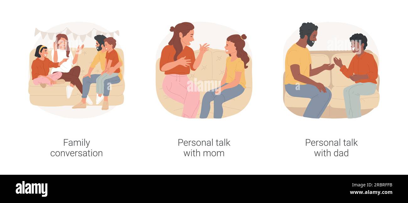 Family talks isolated cartoon vector illustration set. Family conversation, teen daughter having ...