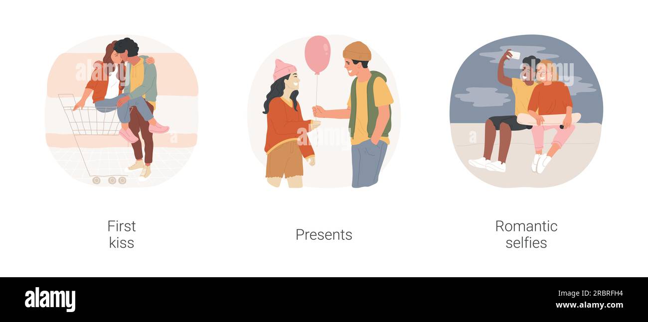 First love isolated cartoon vector illustration set. Teenagers having ...