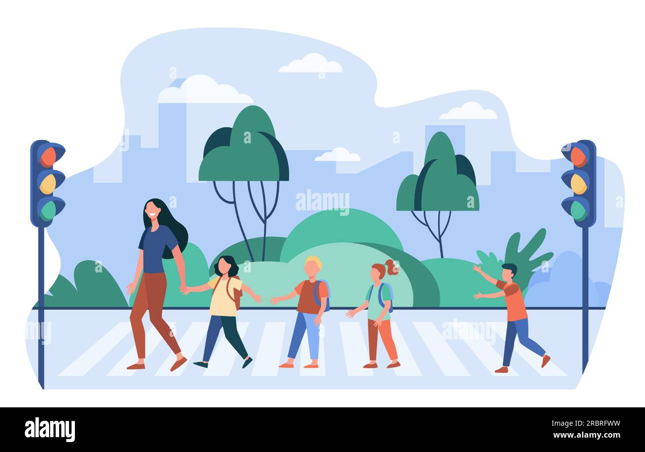 School children and teacher crossing street Stock Vector Image & Art ...