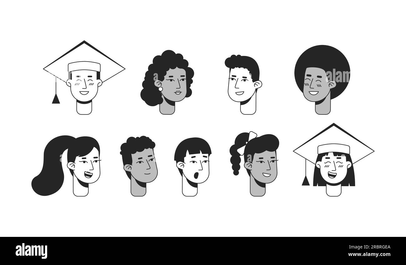 Education characters monochrome flat linear character heads bundle ...