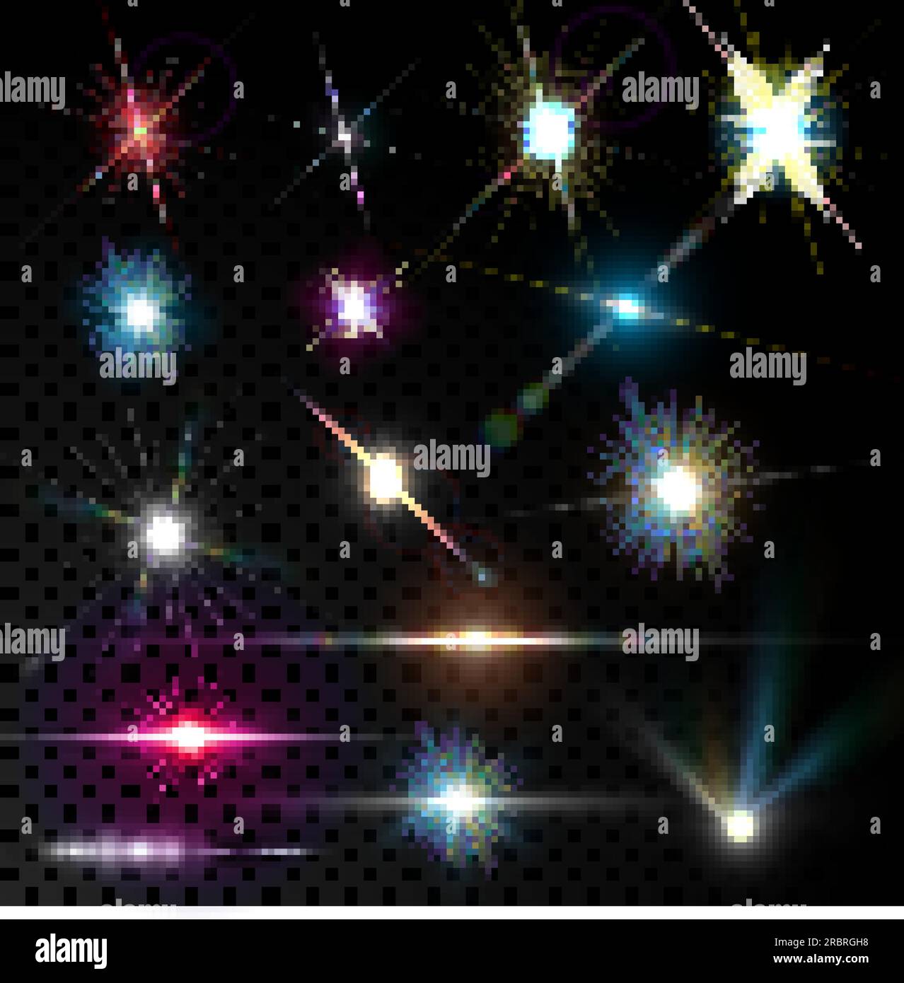 Realistic vector glowing lens flare light effect with stars and sparkles bursts on transparent ...