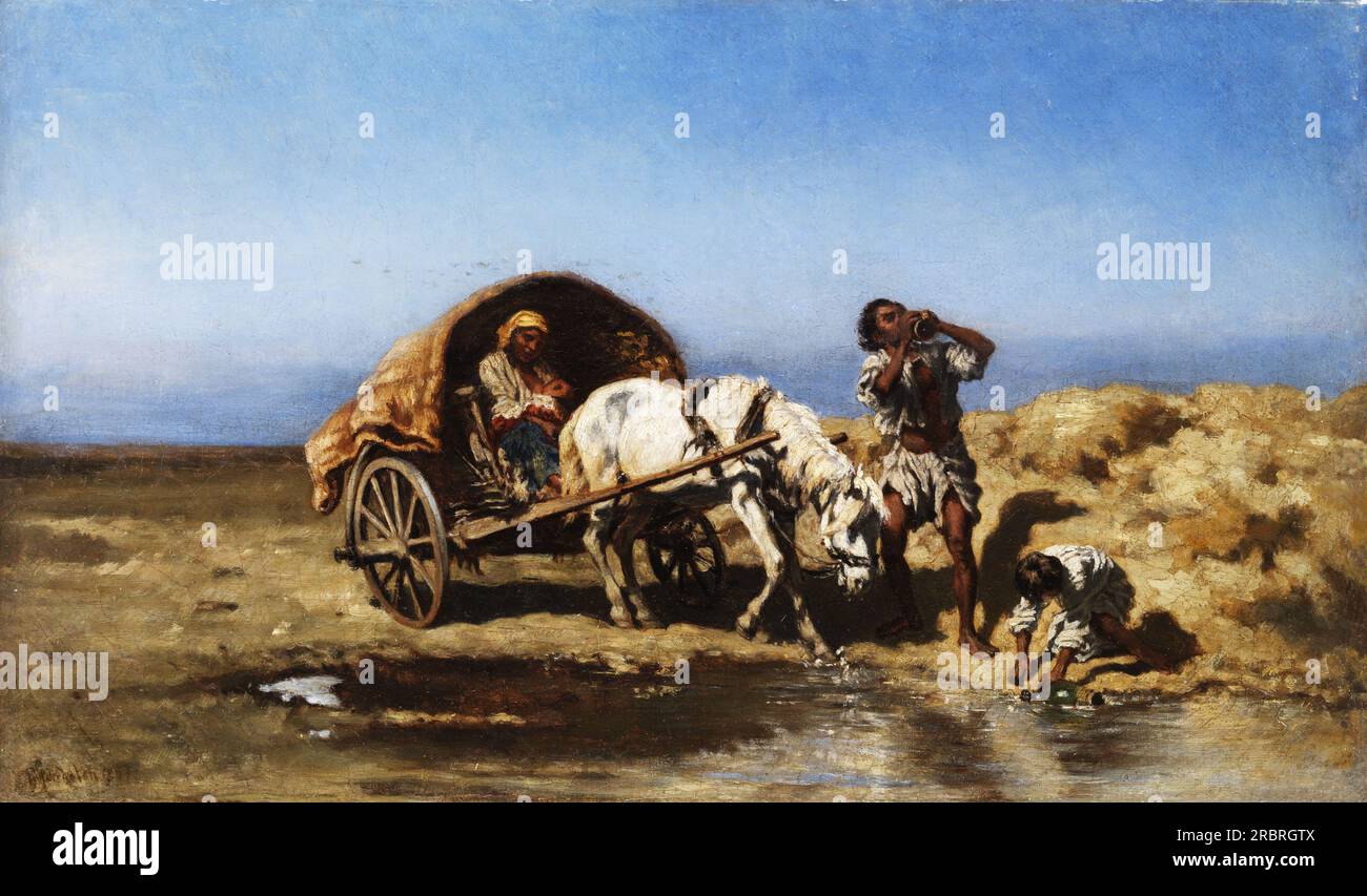 Gypsy Carts at the Water Trough 1857 by August von Pettenkofen Stock ...