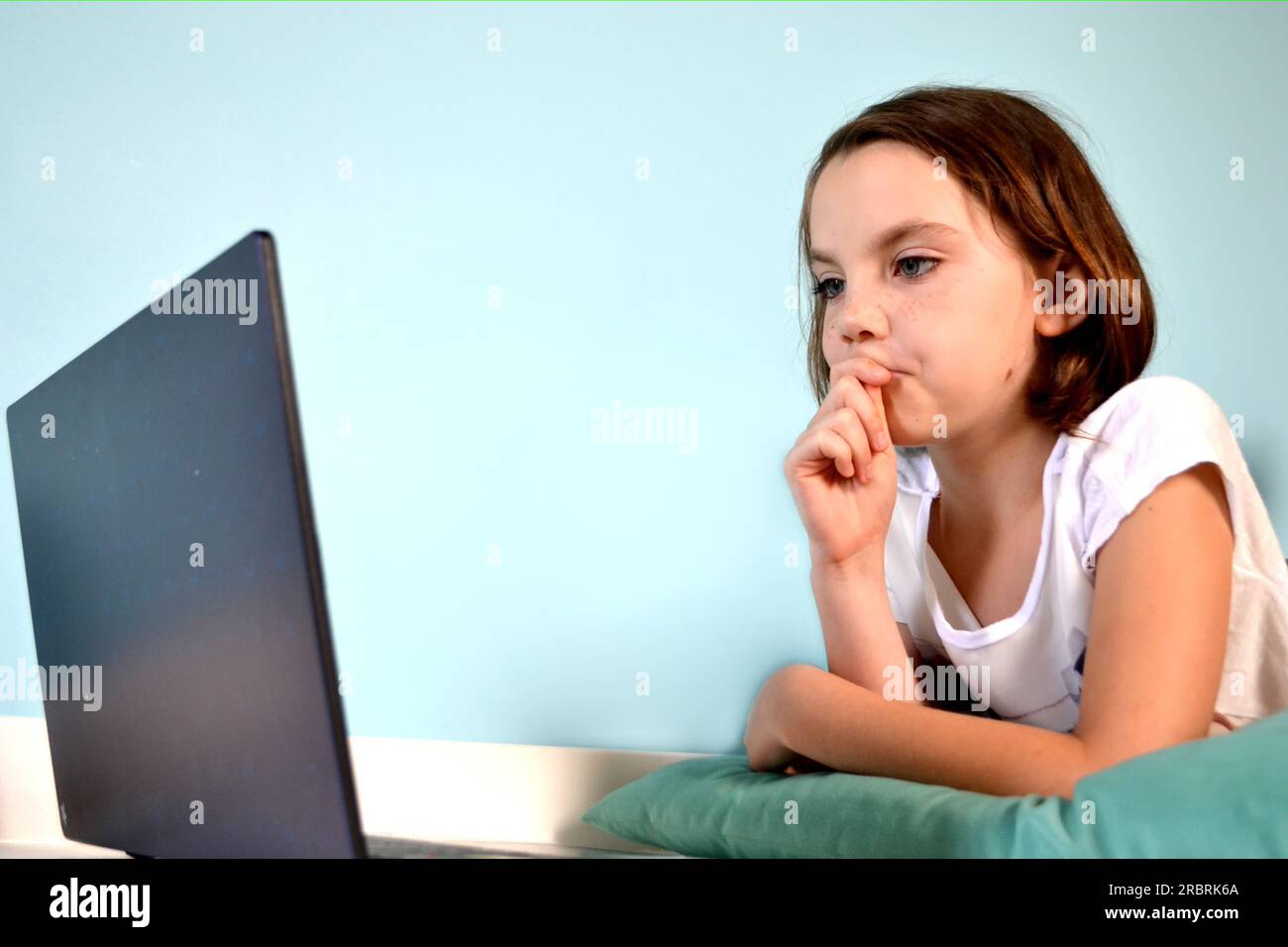 Girl student online learning class study online video call zoom teacher ...