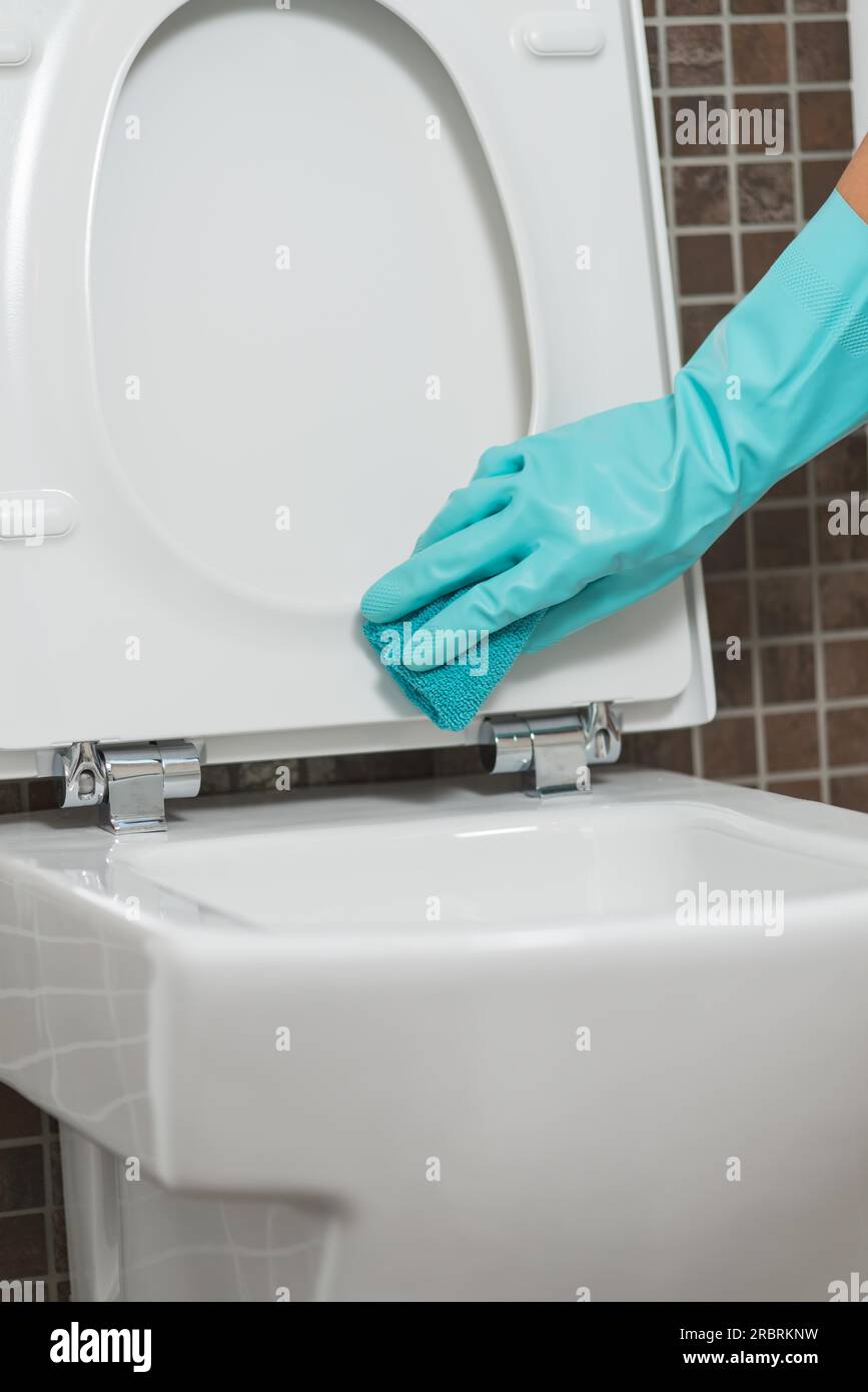 Hand of a person cleaning the toilet seat in rubber gloves with a ...