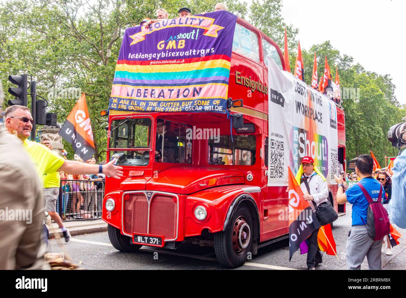 Participants in the annual London Pride event in July 2023 travel on an ...