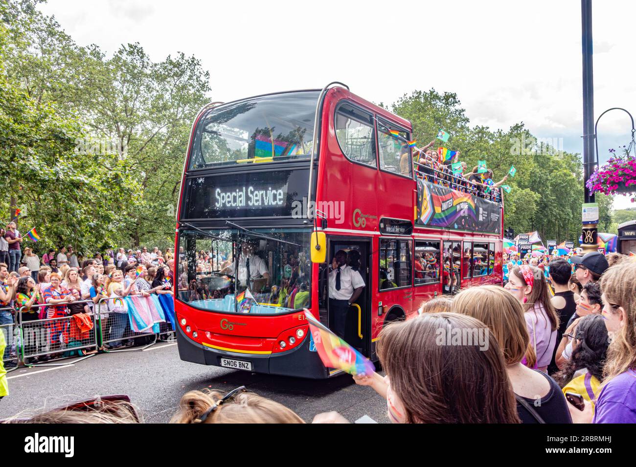 A "Special Service" double decker bus in the annual London Pride event ...