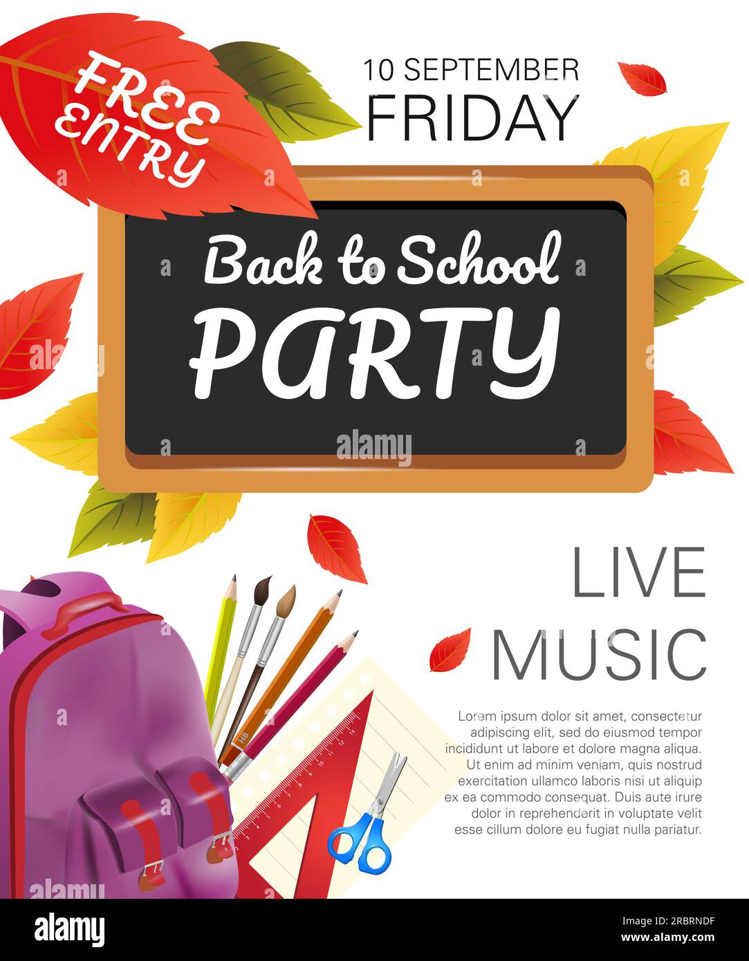 Back to school party flyer design with violet backpack Stock Vector ...