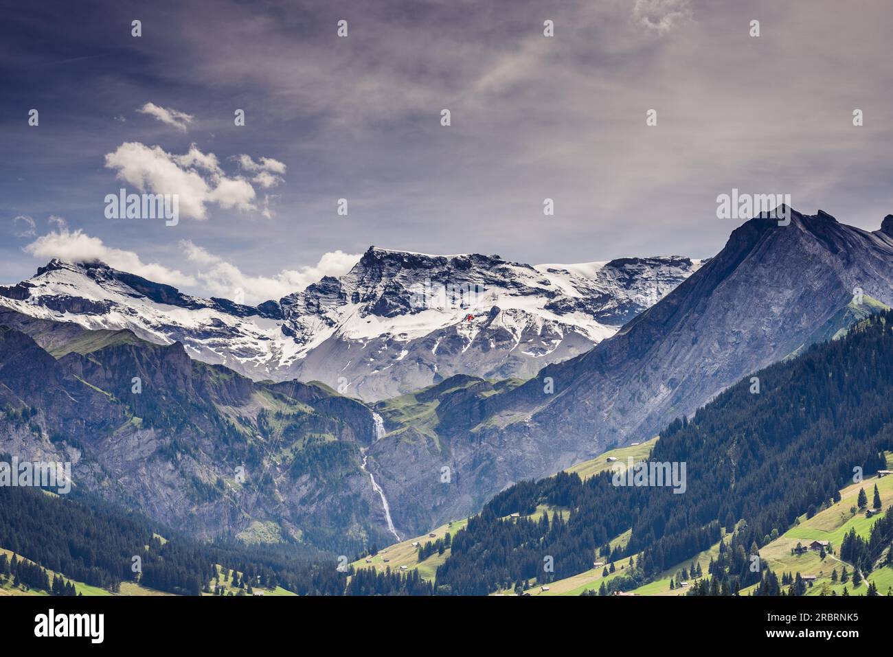 Scenic high altitude mountain landscape with snowy peaks and forested ...