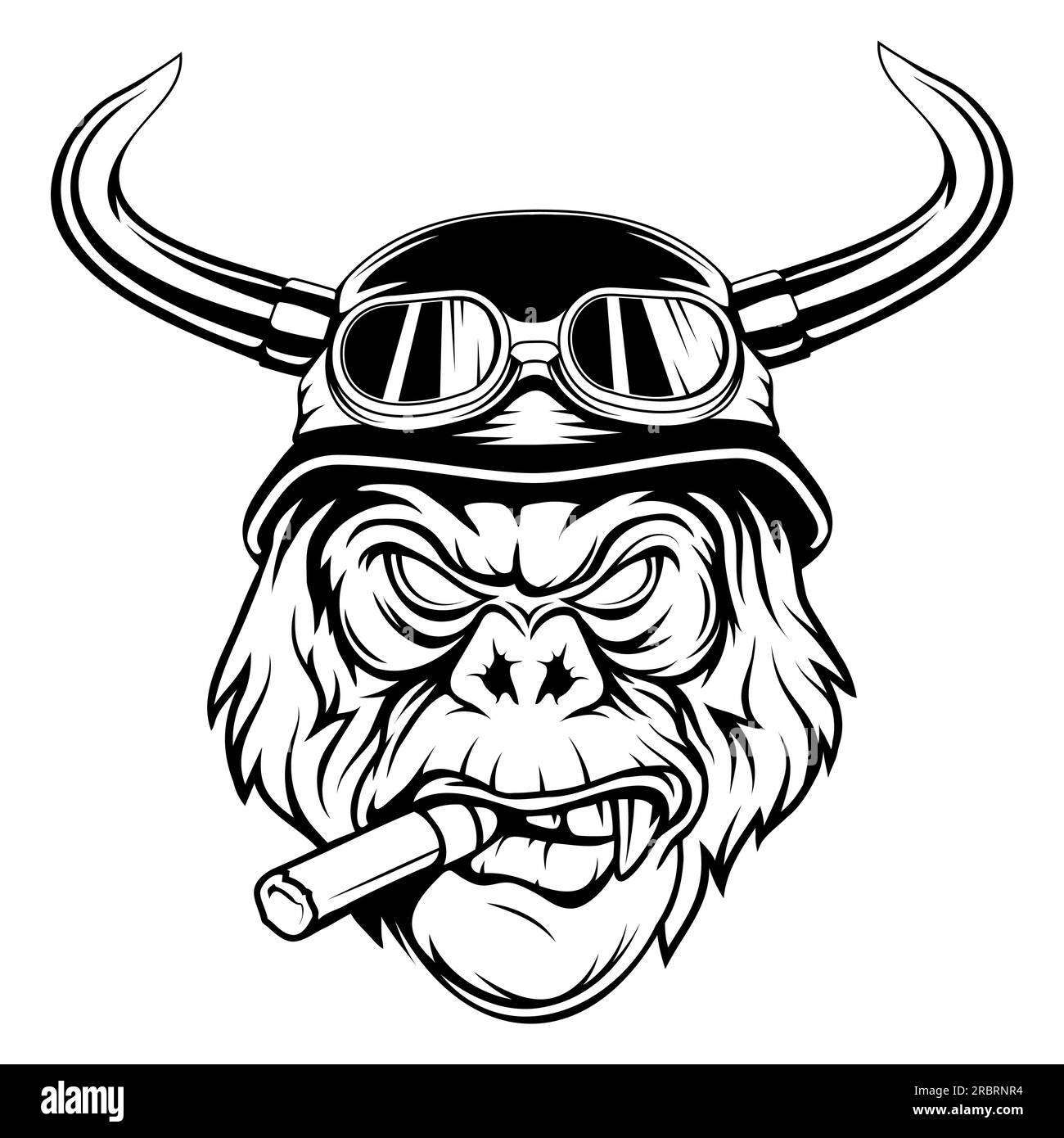 Gorilla in a biker helmet and with a cigar. Vector illustration of ...