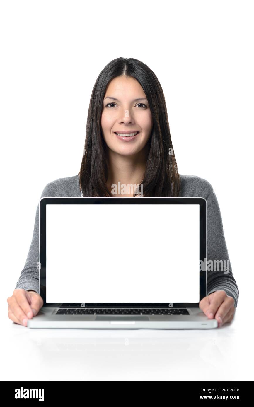 Confident Young Pretty Woman with Laptop Gadget Facing the Camera with ...