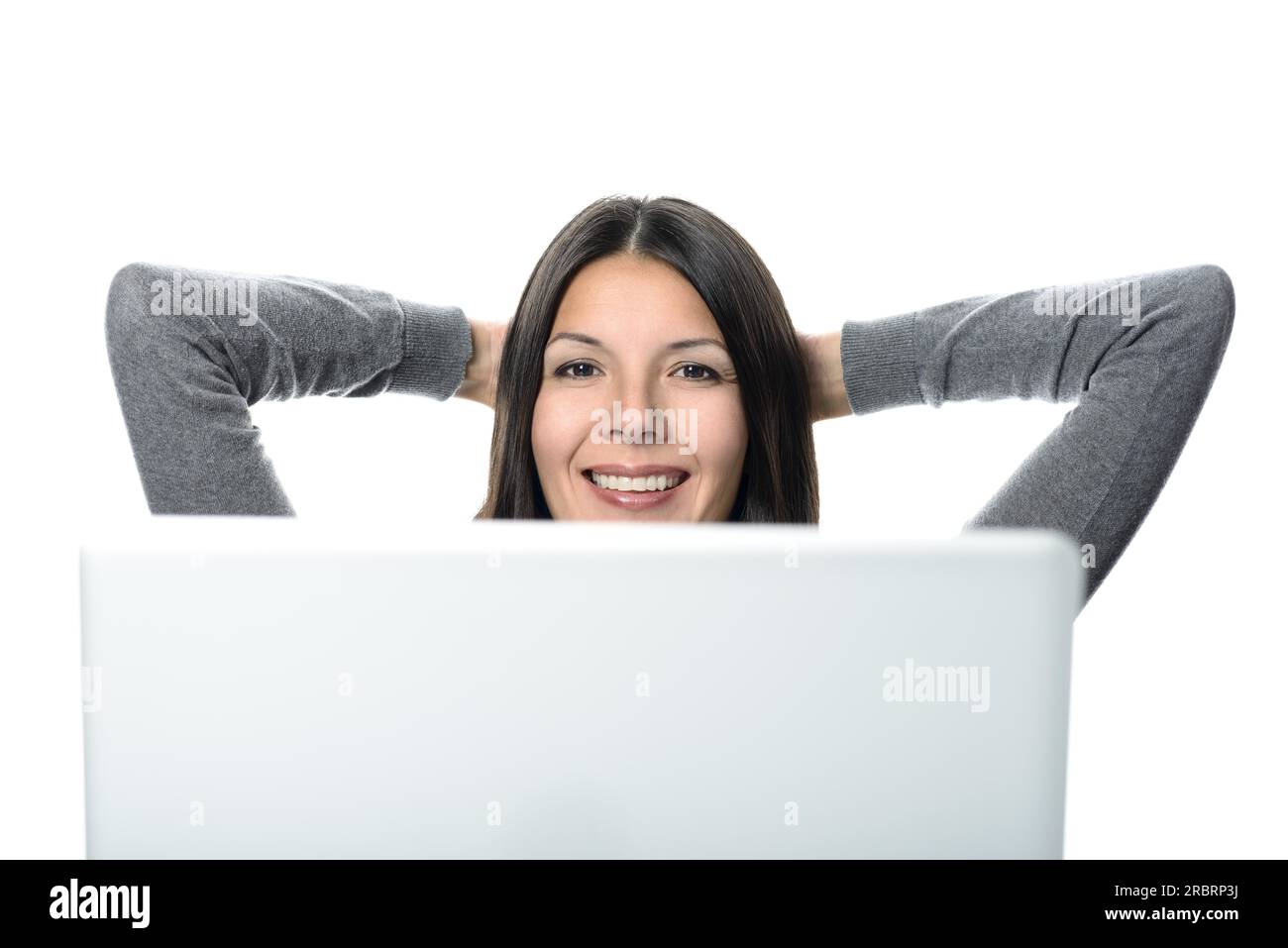 Smiling Pretty Woman Relaxing with Hands at the Back of Head While ...