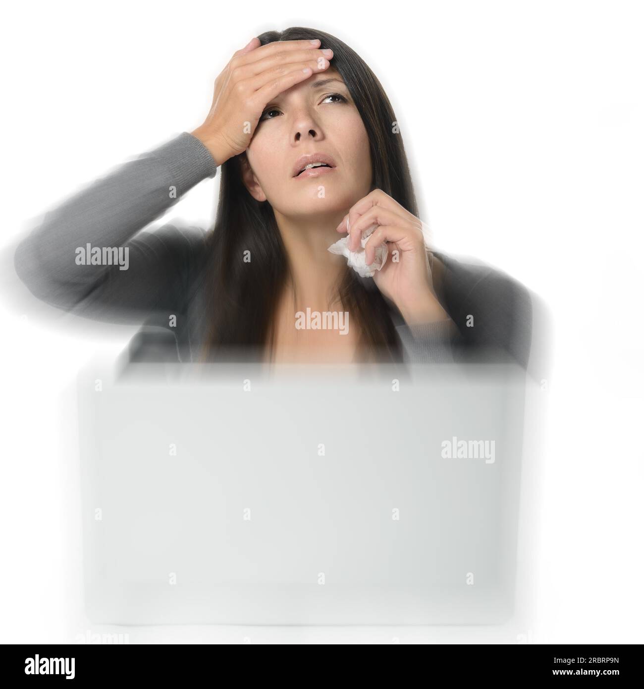 Young Female Worker, with White Laptop Computer, Suffering from ...