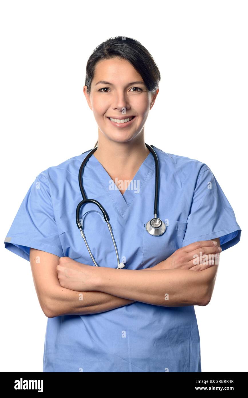 Portrait of a friendly young female physician wearing medical uniform ...