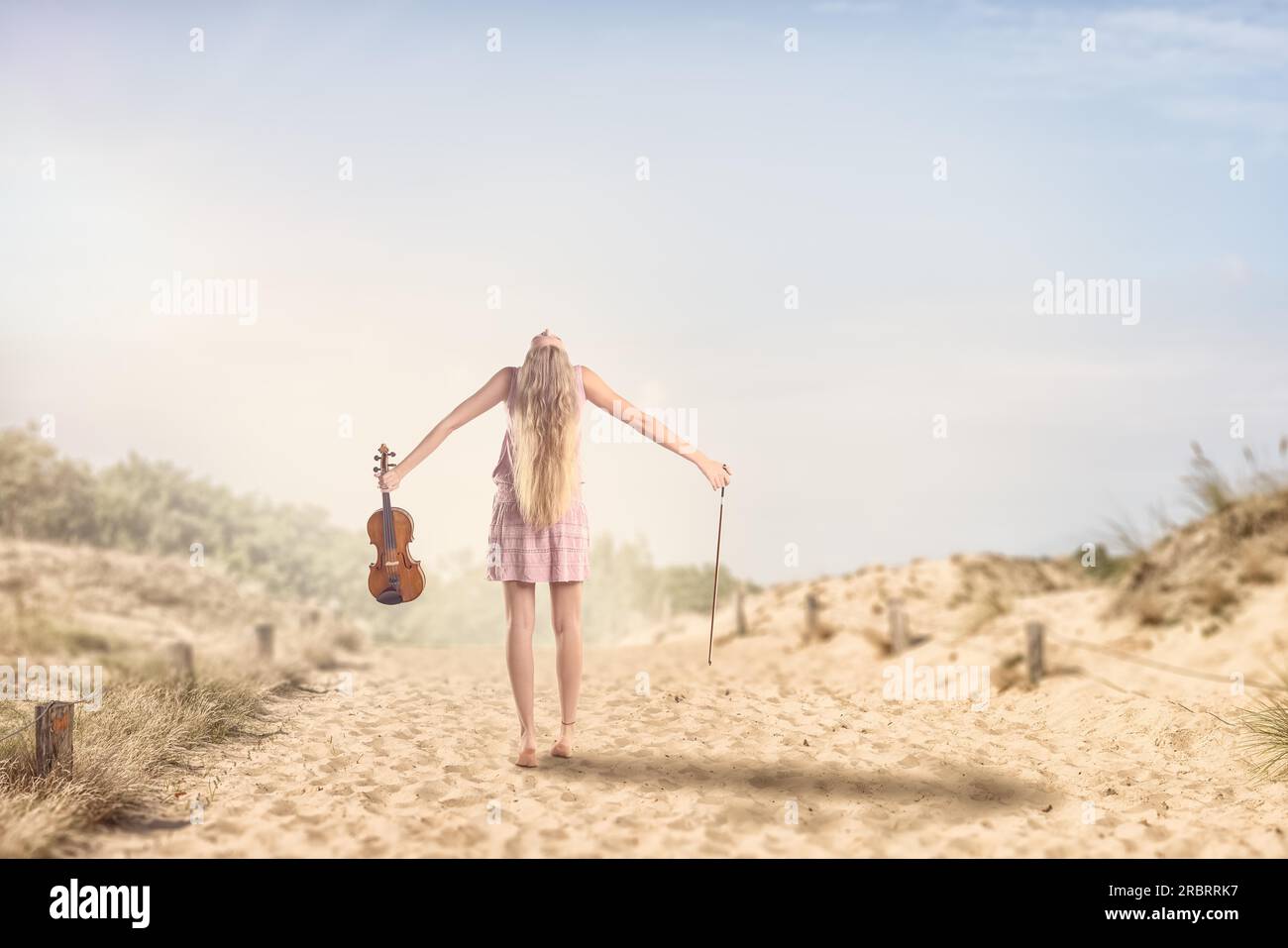 Rear View of a Young Female Musician with Violin Instrument Spreading ...