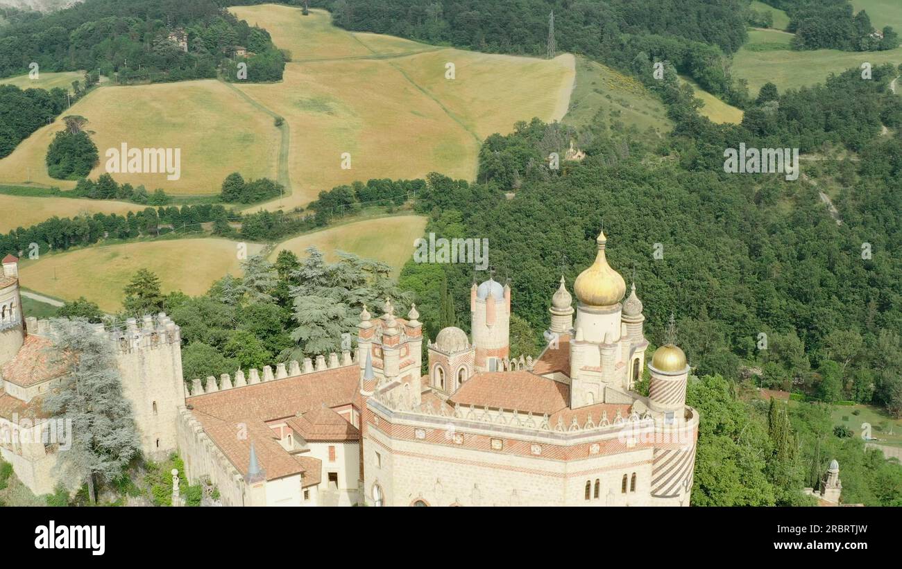 Aerial drone panoramic view of the Rocchetta Mattei castle in Italy on ...