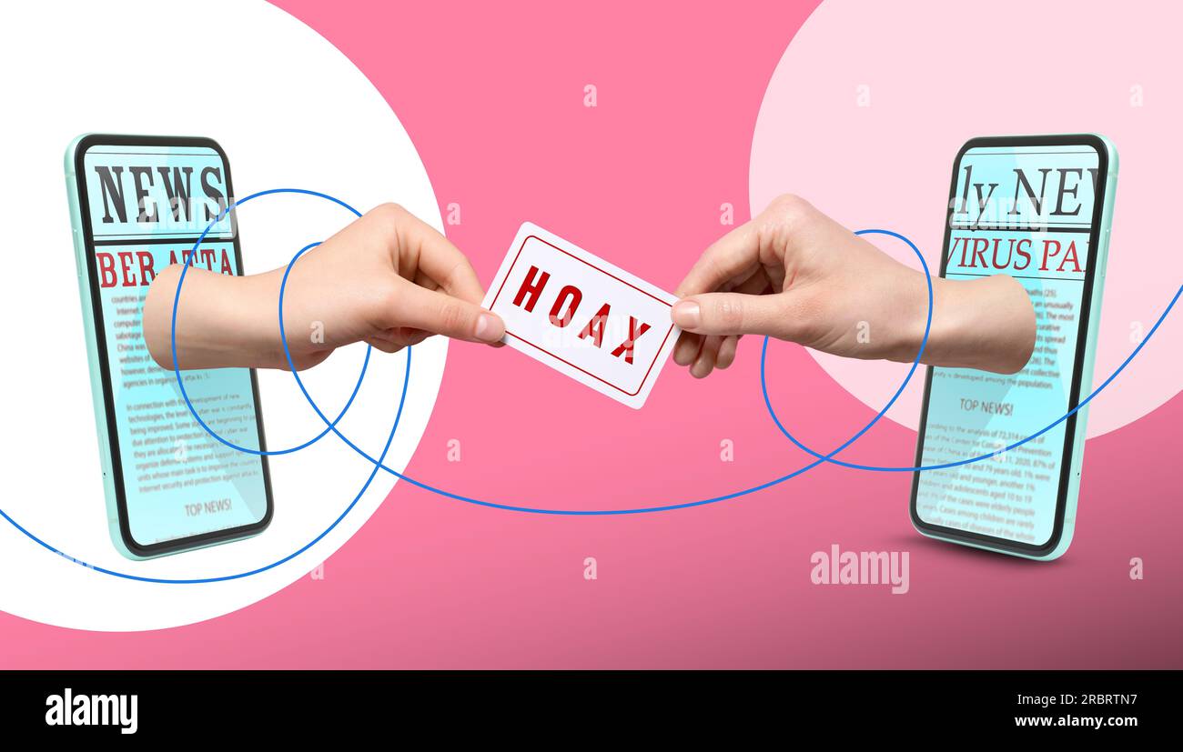 Spreading myths. Woman with hand sticking out of smartphone passing ...