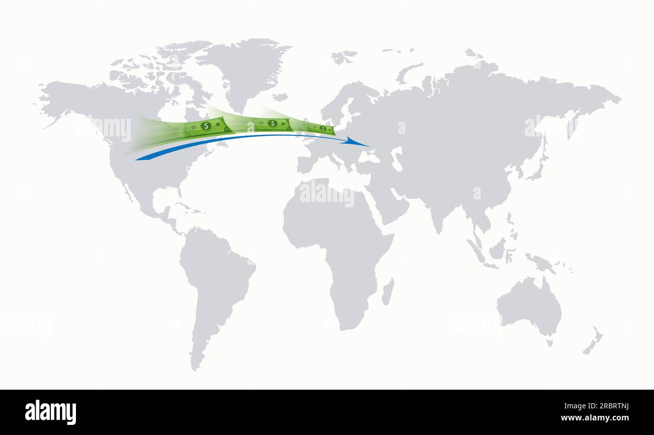 Money with arrow flying fast from one continent to other on world map ...