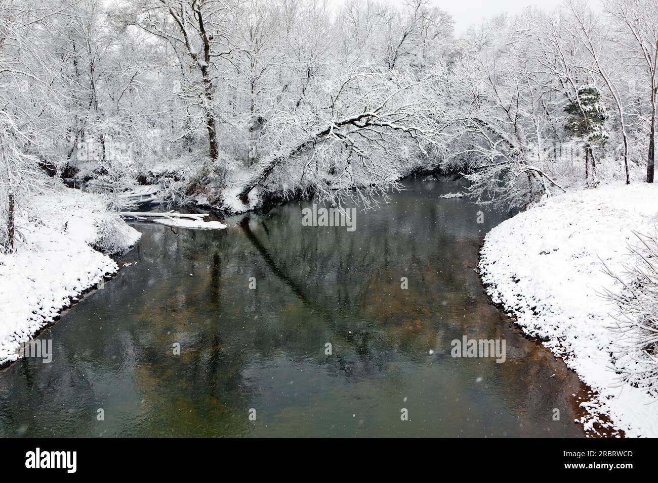A winter landscape show snow falling on a creek with trees Stock Photo ...