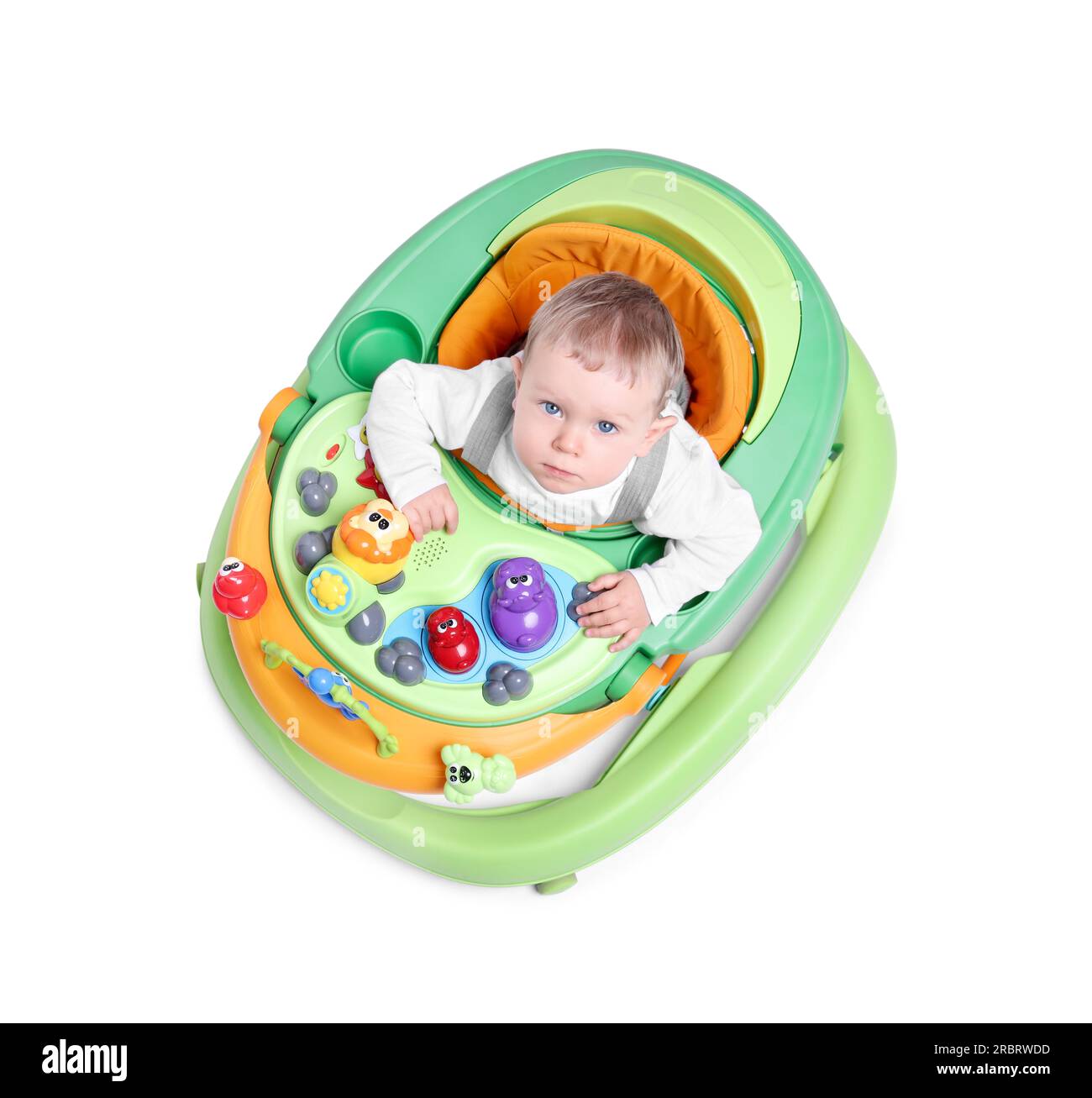 Cute little boy in baby walker on white background, above view Stock ...