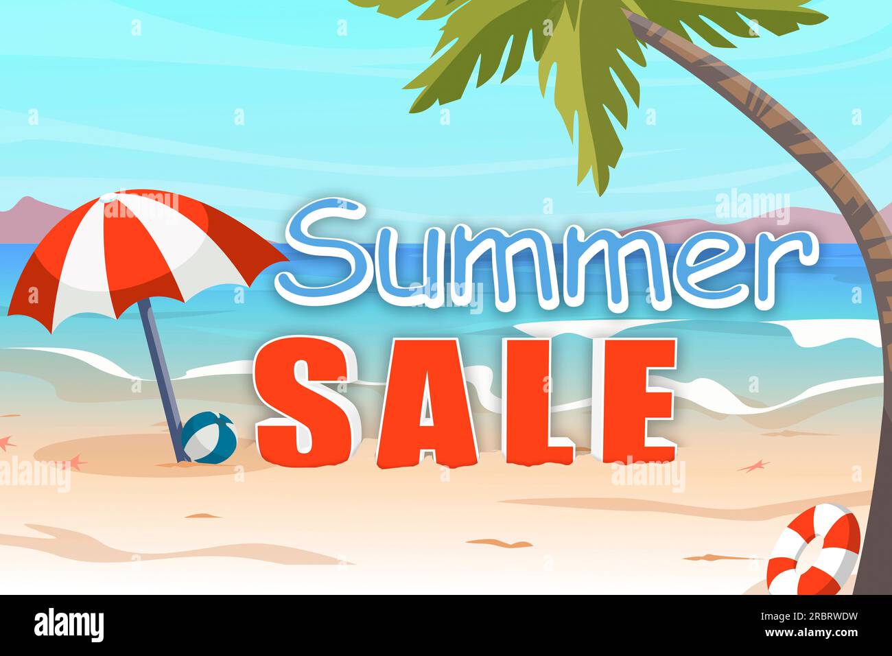 Summer sale flyer design. Illustration of sandy beach with umbrella ...