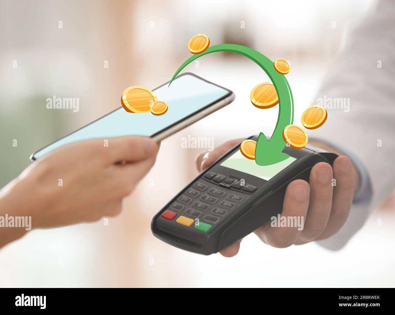 Customer using terminal for contactless payment with smartphone indoors ...