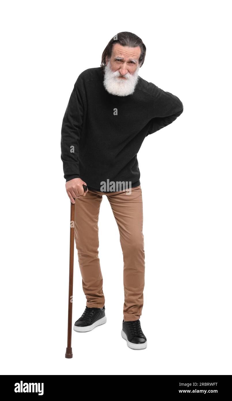 Senior man with walking cane suffering from back pain on white ...