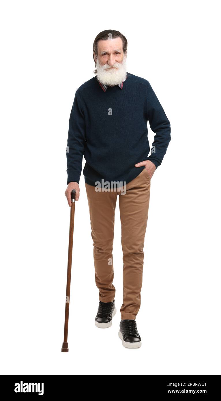Senior man with walking cane on white background Stock Photo - Alamy