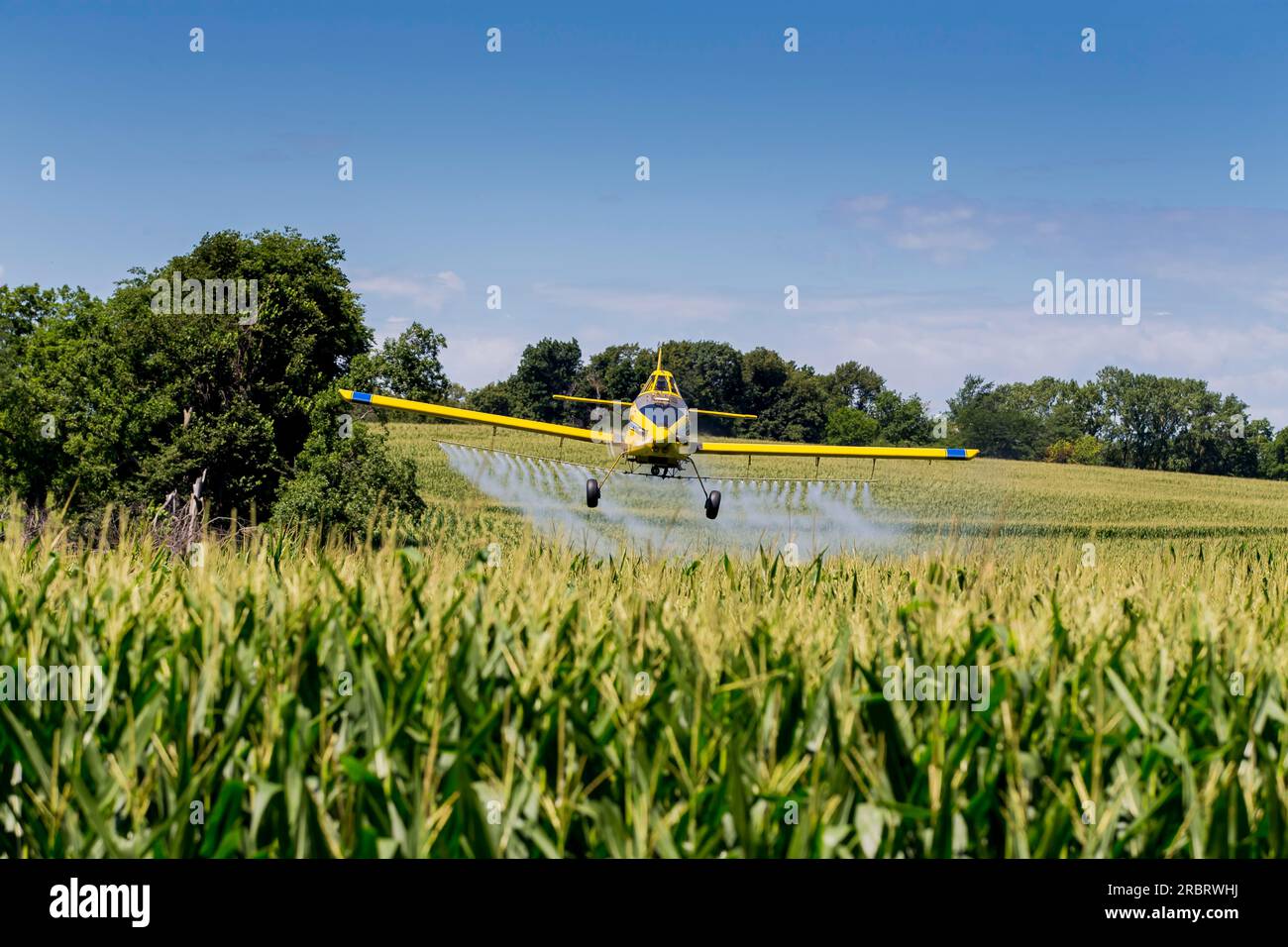 A crop duster applies chemicals to a field of vegetation Stock Photo ...