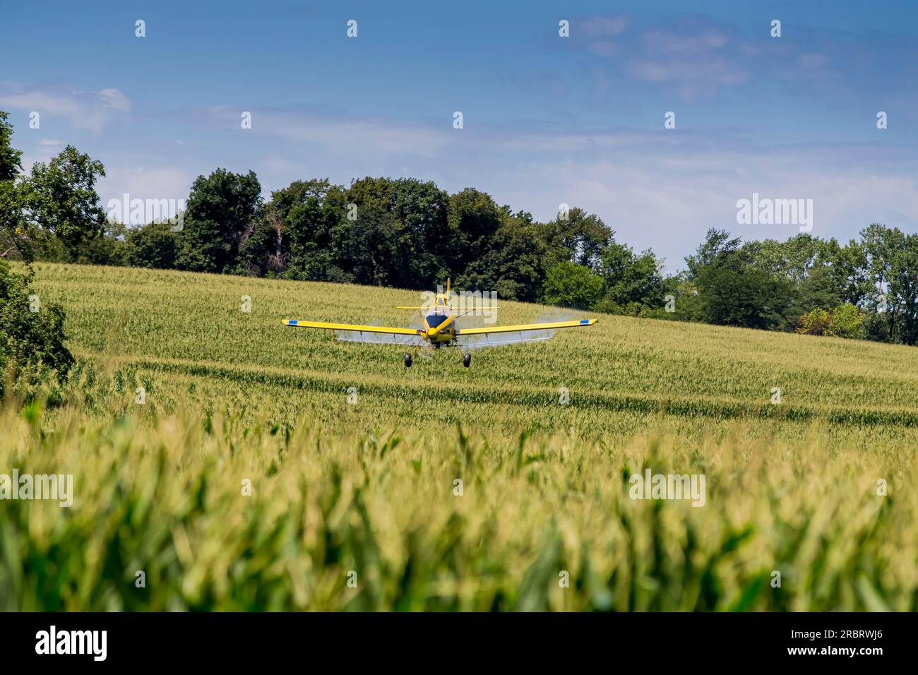 A crop duster applies chemicals to a field of vegetation Stock Photo ...