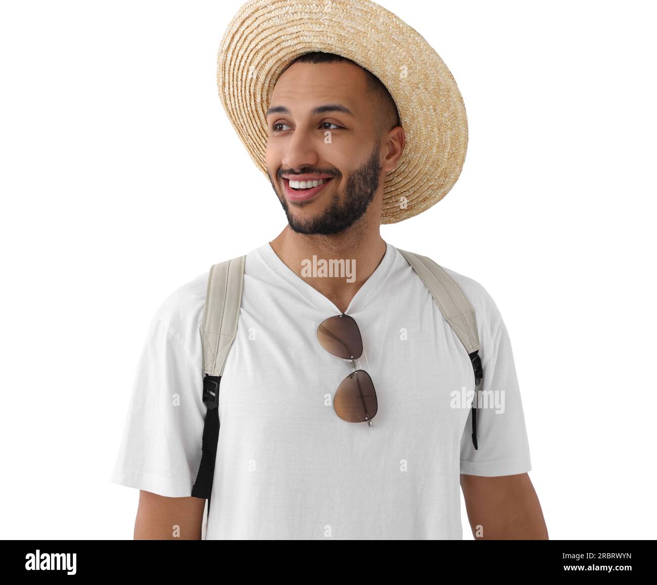Smiling young man in straw hat with sunglasses and backpack on white ...
