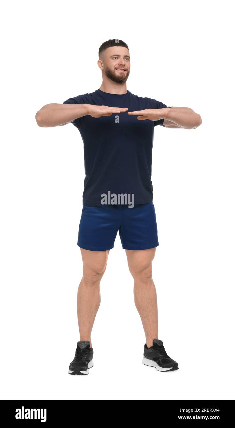 Man doing morning exercise on white background Stock Photo - Alamy