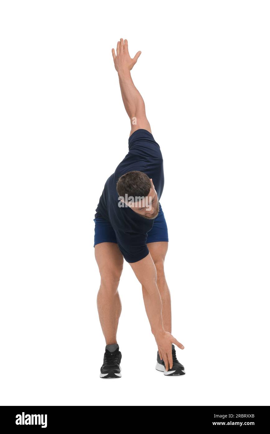 Man doing morning exercise on white background Stock Photo - Alamy